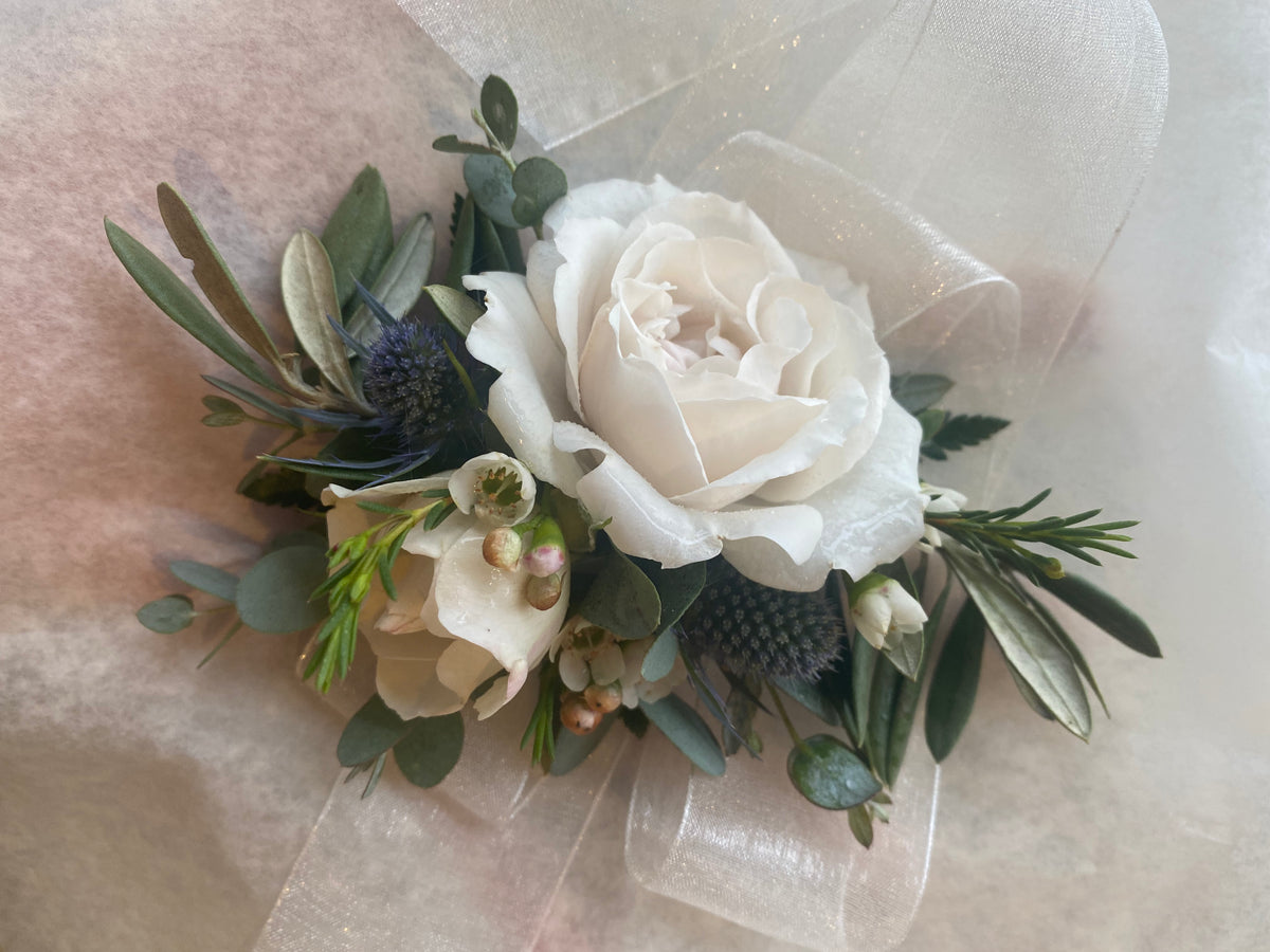 Wrist Corsage (White base with custom accents) – Bloom Floral